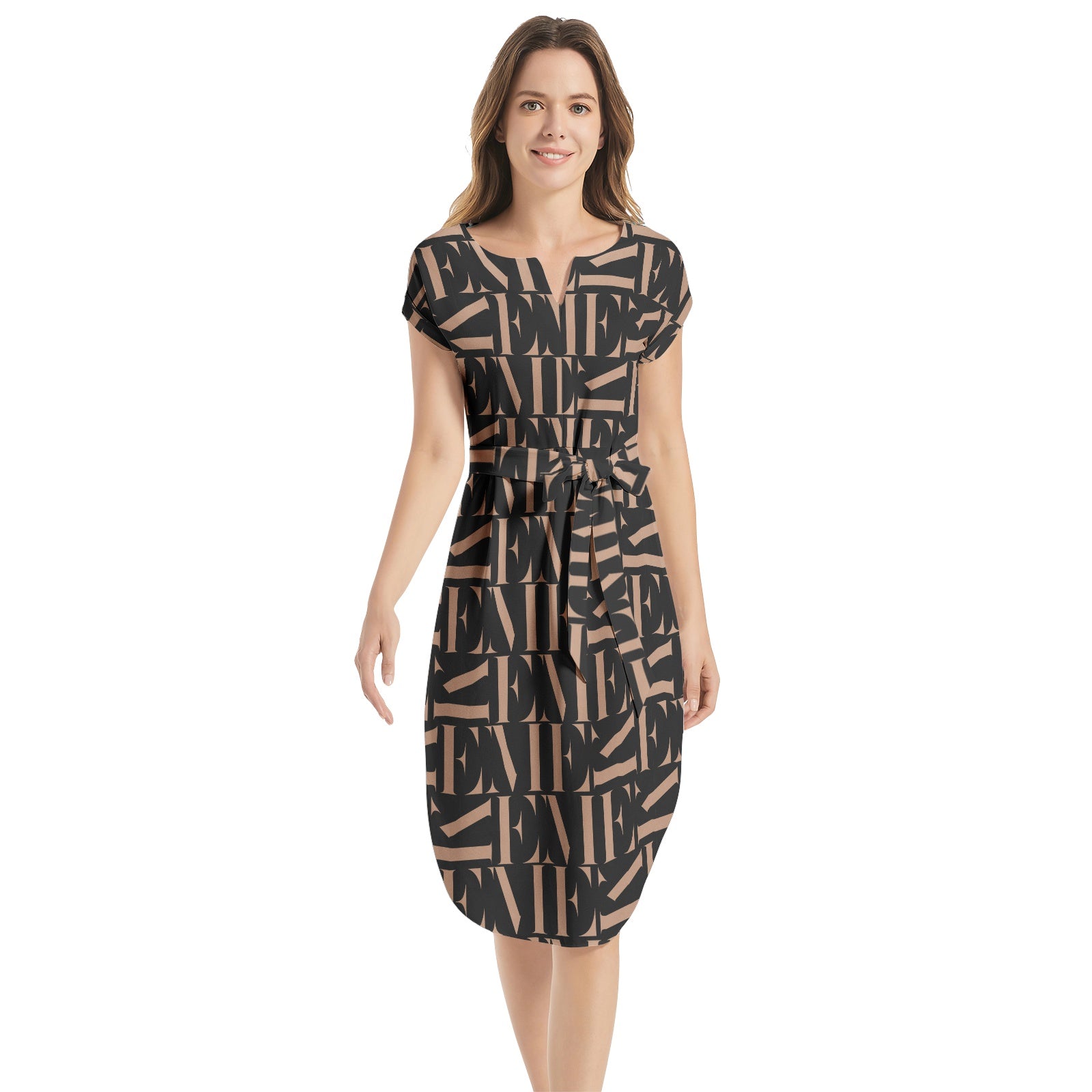 Notched Neck Belted Dress Richseen